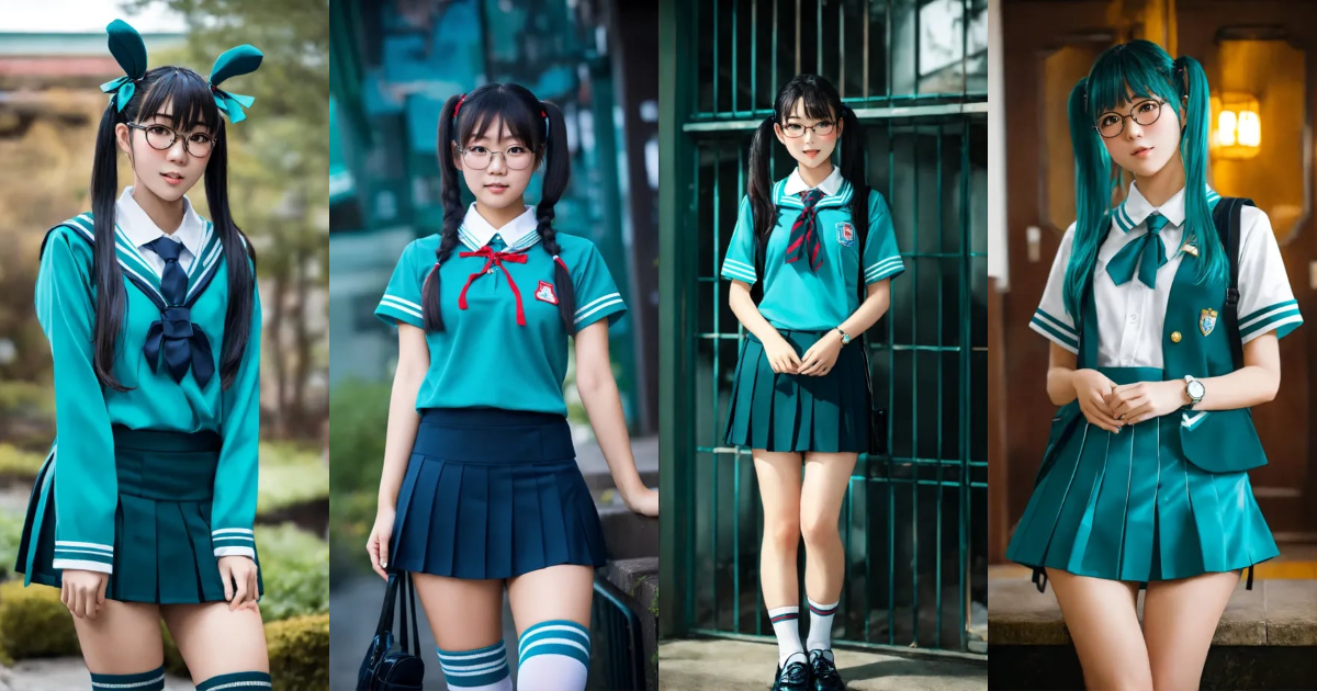 Lexica - Japanese Girl with twin tails and glasses in glossy teal ...