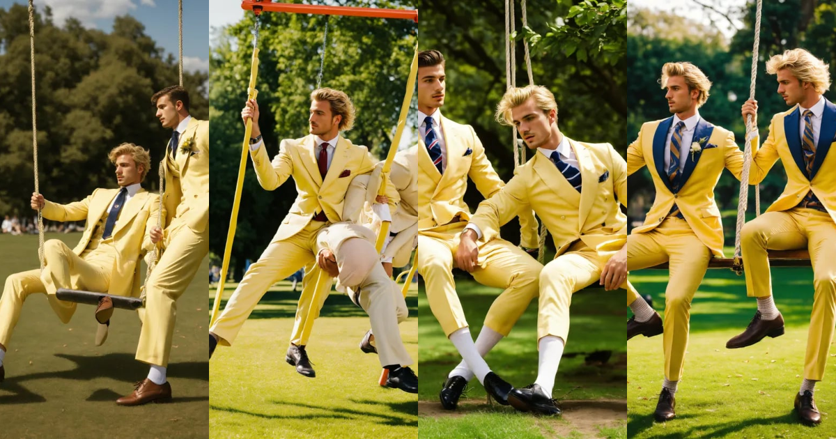 Lexica - Two young Italian sportsmen in pale yellow suit, large lapels ...