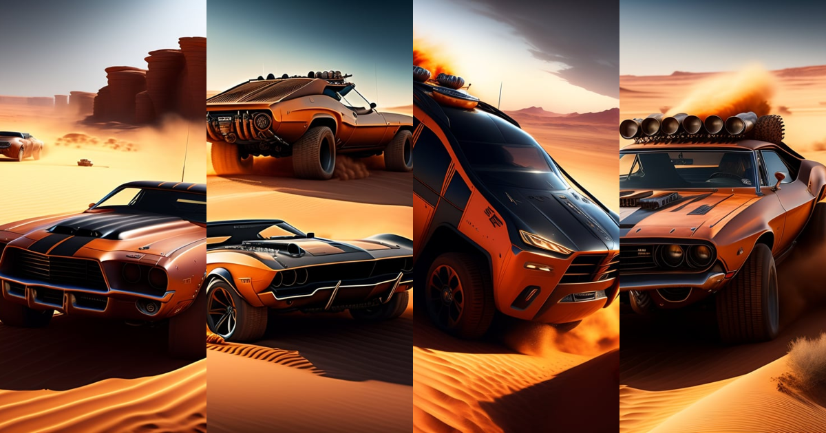 Lexica - An environmental concept art from mad max fury road, single muscle car speeding through ...