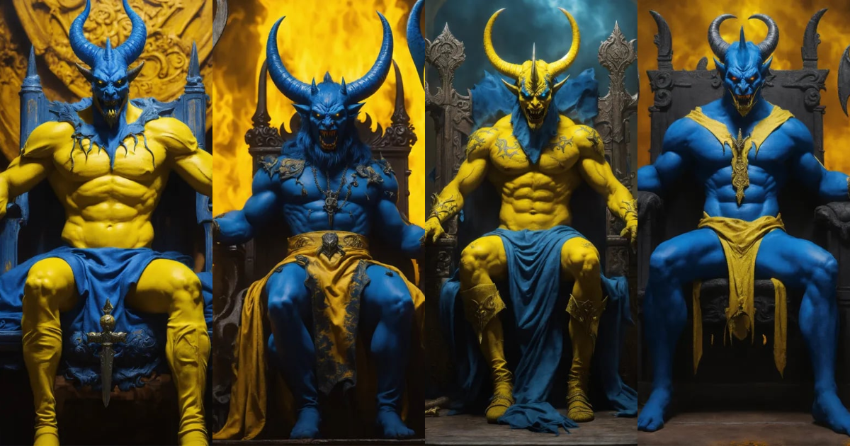 Lexica - Evil demonic yellow and blue devil, holding a trident, sitting ...