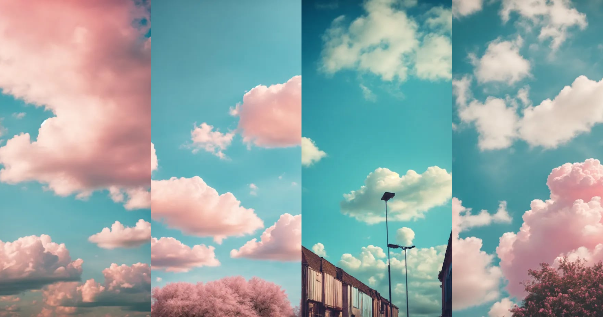 Lexica - Light blue, sky shot, with cotton candy clouds, retro style.
