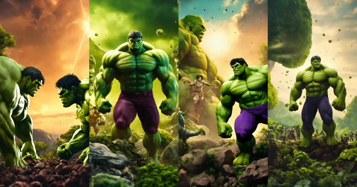 Lexica - A lot of Hulk together In Multiverse, nature background, 2D render