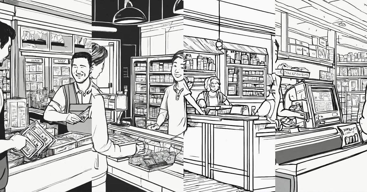 Lexica - Hand drawn line art, cashier taking money from customer