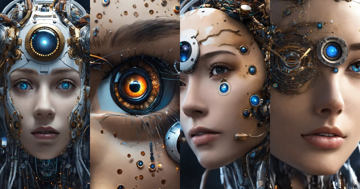 Lexica - Close up of an AI cyborg with moons as eyeballs, hyper realistic