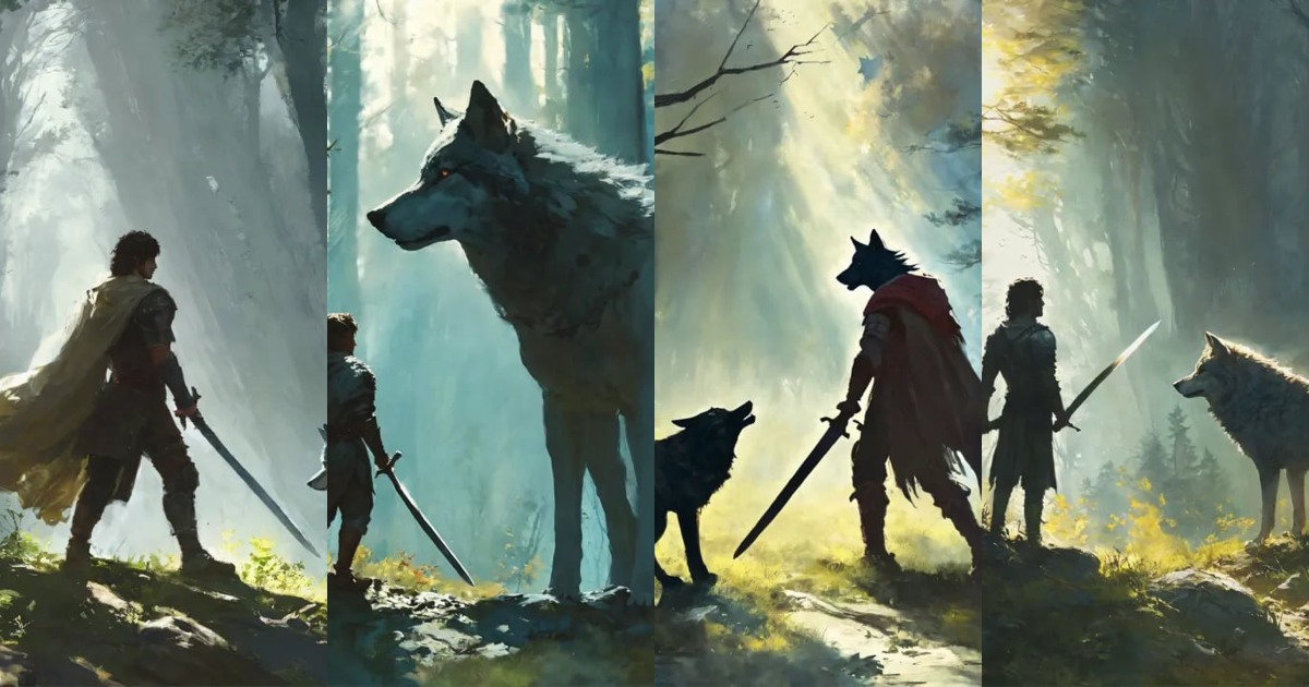 Lexica - In a quiet forest where sunlight danced hero held a sword in ...