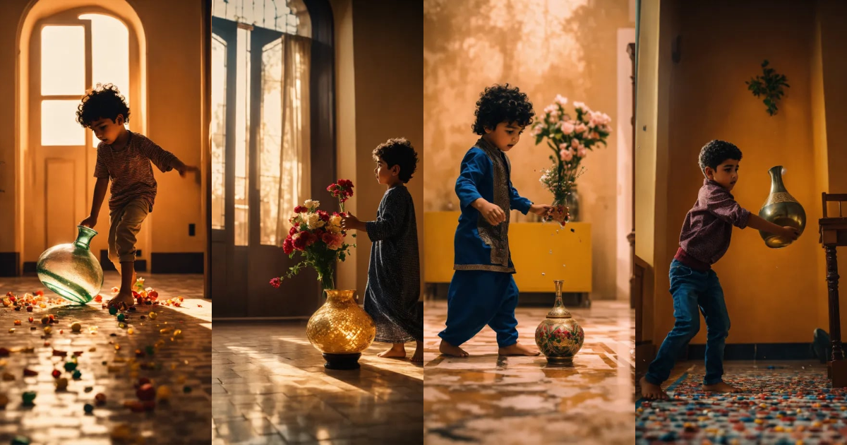 Lexica - A young arab kid throwing a vase on the floor, the vase broke ...