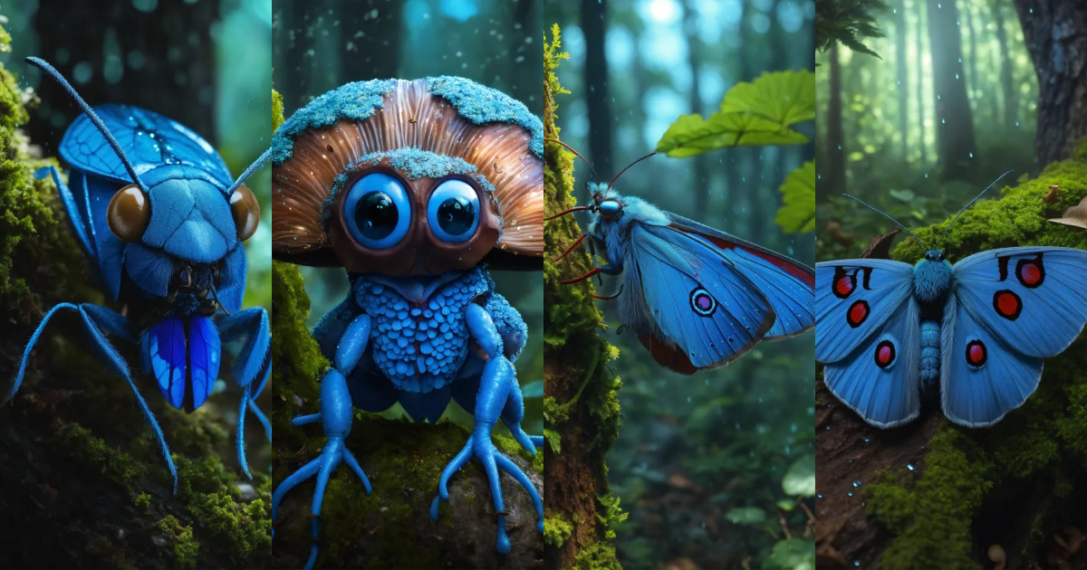 Lexica - A realiste blue moth alien , big eyes blacks , mushrooms in ...