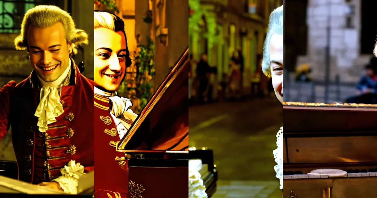 Lexica - Wolfgang Amadeus Mozart sonriendo en la calle tocando el piano