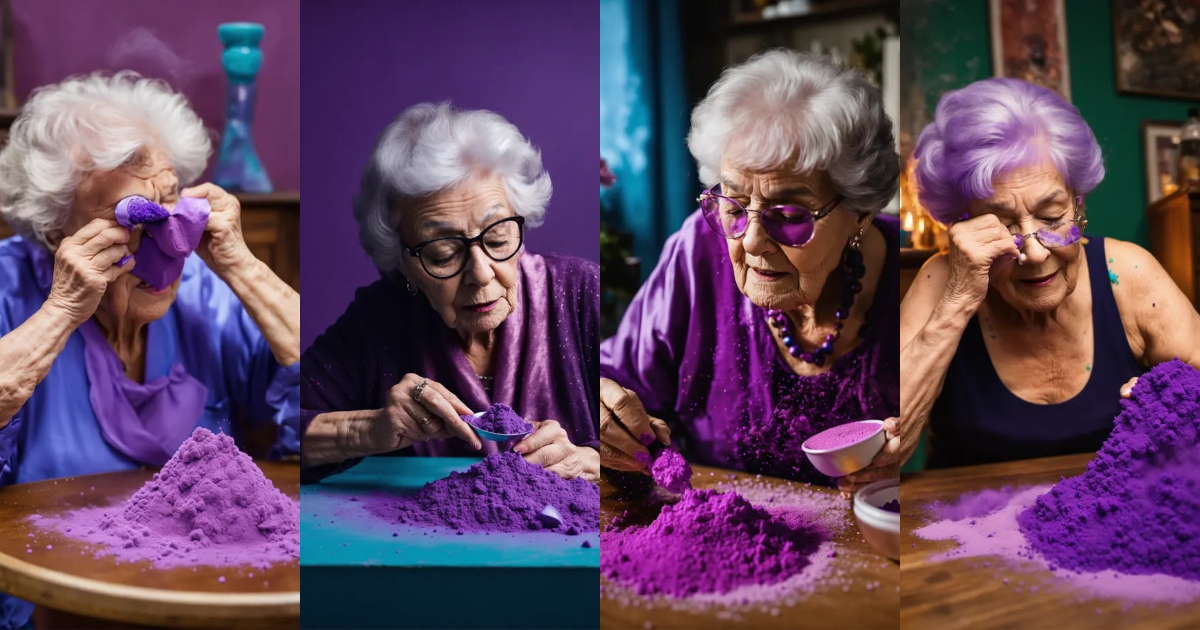 Lexica - A crazy grandma snorting purple powder on a table