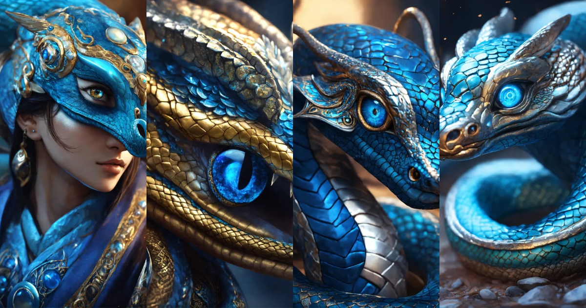 Lexica - A cute serpent in blue and silver, dazzling eyes and a third ...