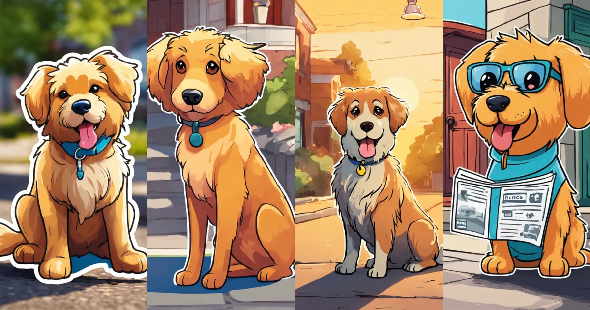 Lexica - Create an adorable sticker featuring a fluffy, cartoon-style dog with bright, eager ...