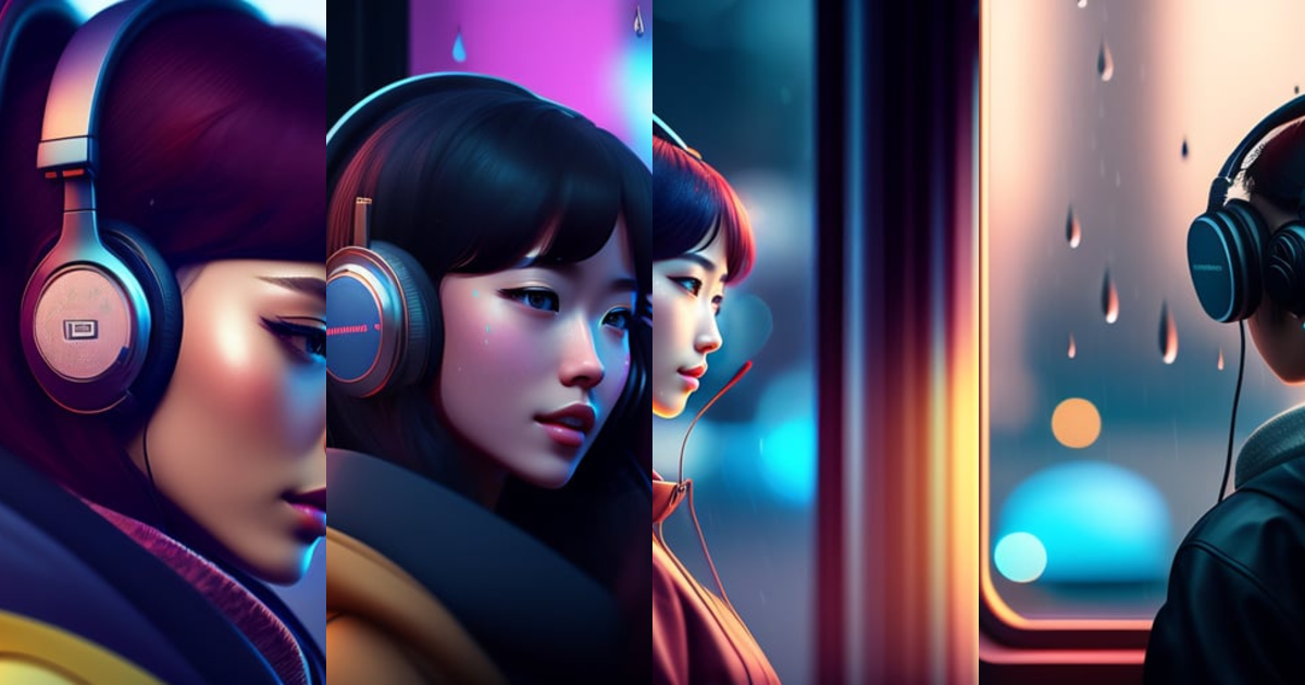 Lexica - A lofi girl with headphones is looking at a rainy window in ...