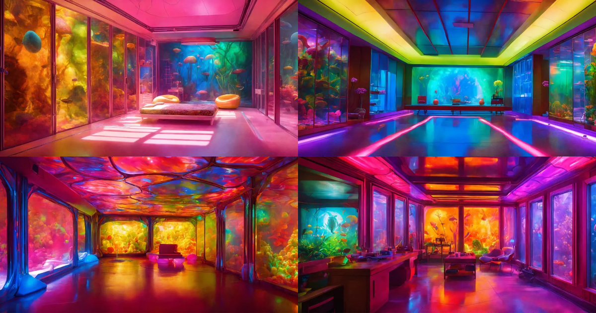 Lexica - Inside a colorful translucent alien room, the room is a ...