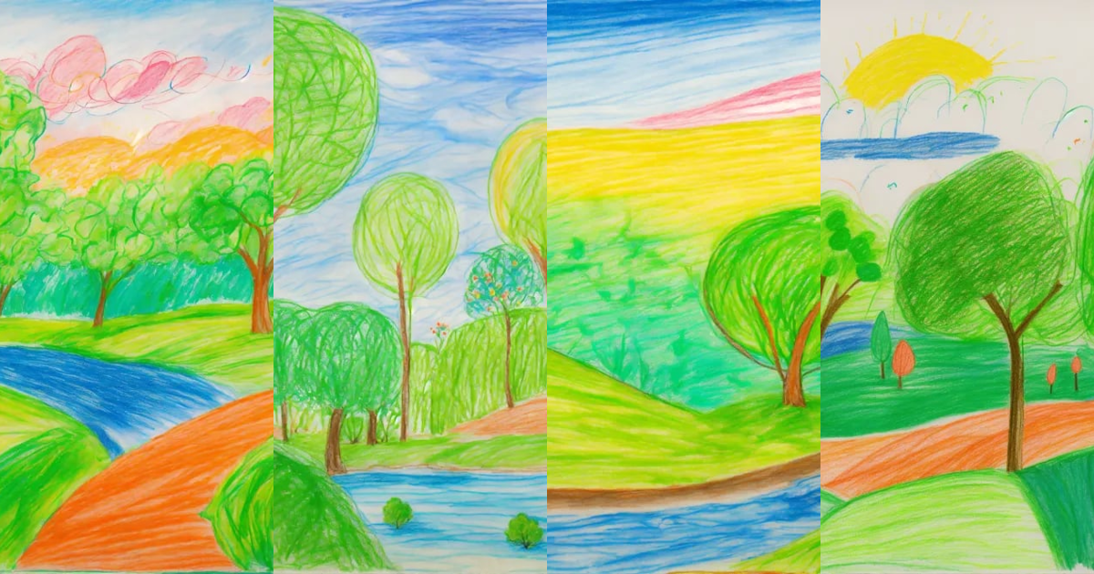 Lexica - A child-like AND naive drawing of a green landscape with trees ...
