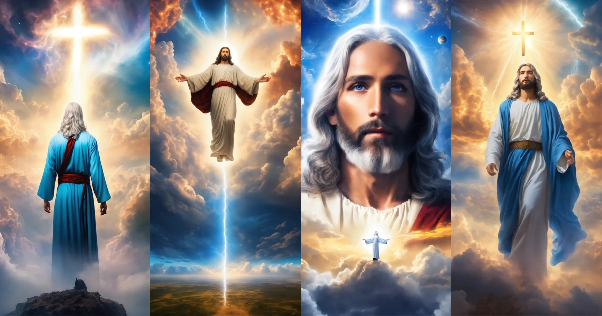 Lexica - A beautiful sky with Jesus descending from the clouds. Planets ...