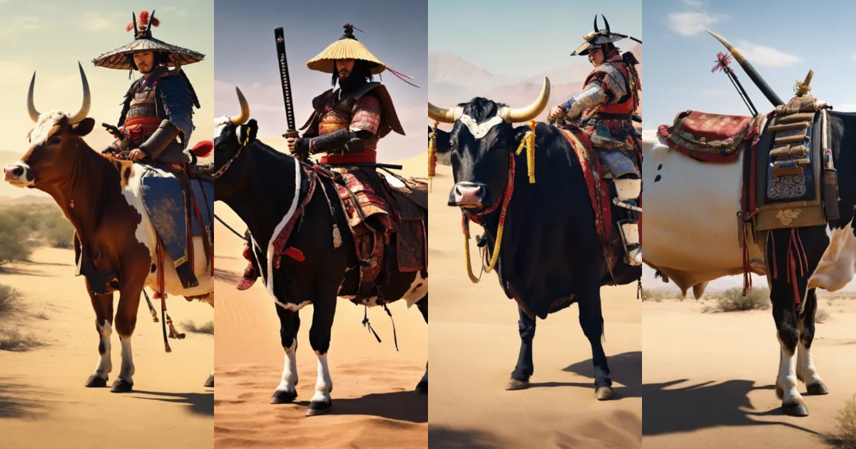 Lexica - Cow samurai. Desert oasis. Hyper realistic.