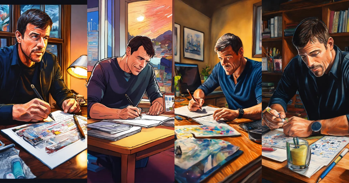Lexica - A hand drawn painting of a Tony Robbins writing his blog post ...