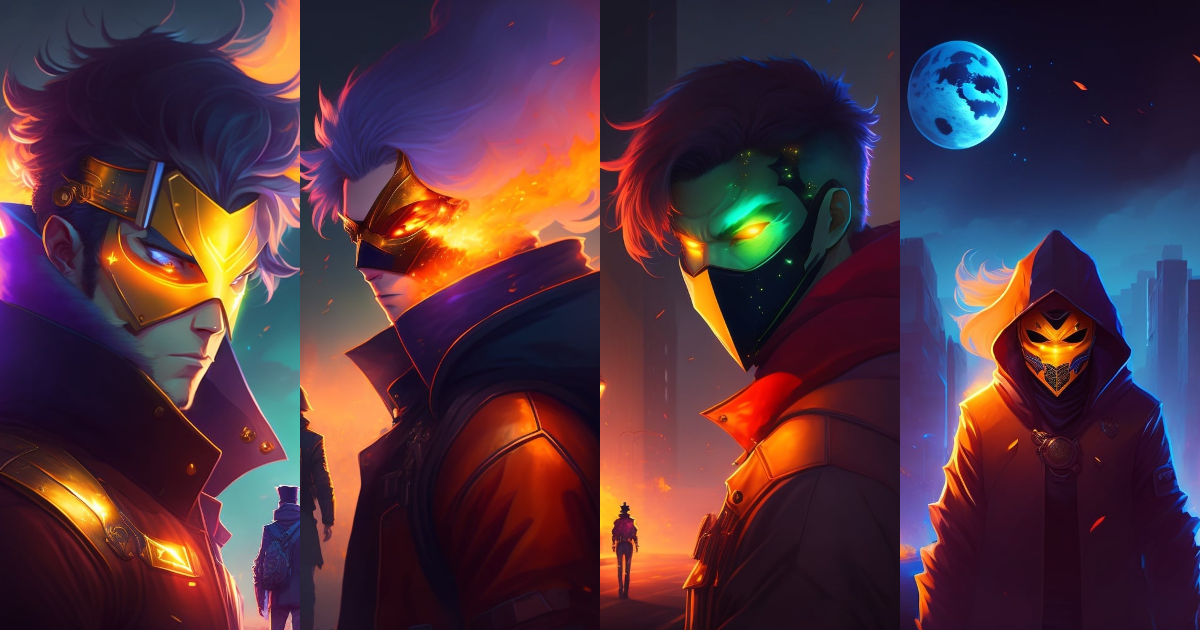 Lexica - Magic masked guy with golden eyes, behind him a zombie city ...