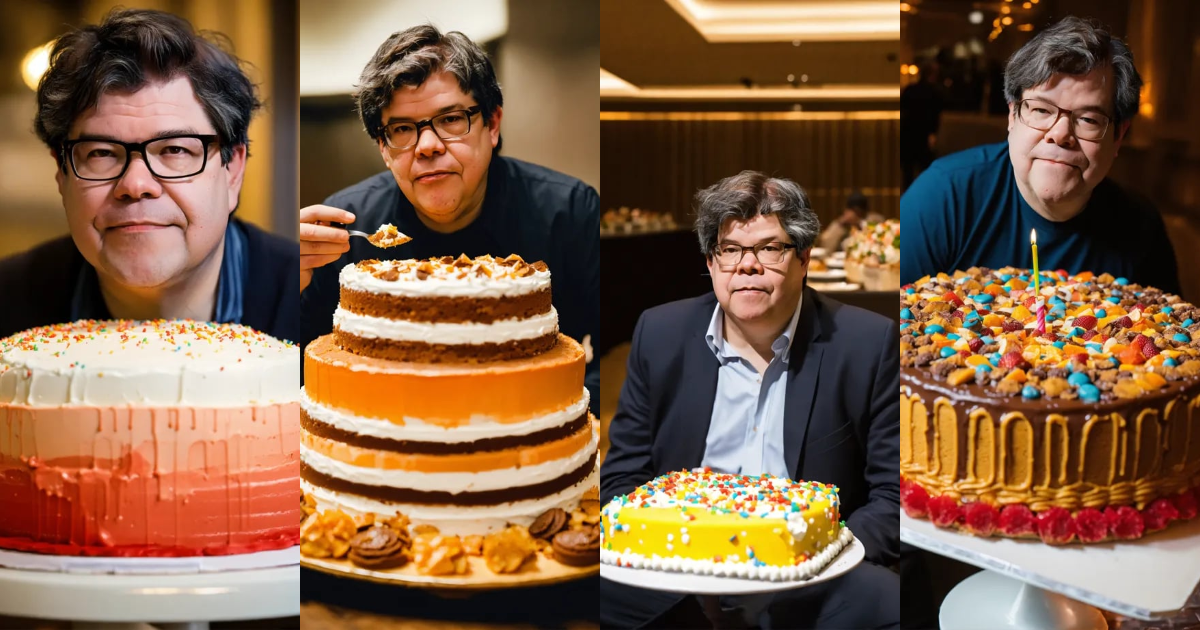 Lexica - Yann LeCun eating a massive cake with the cake next to him