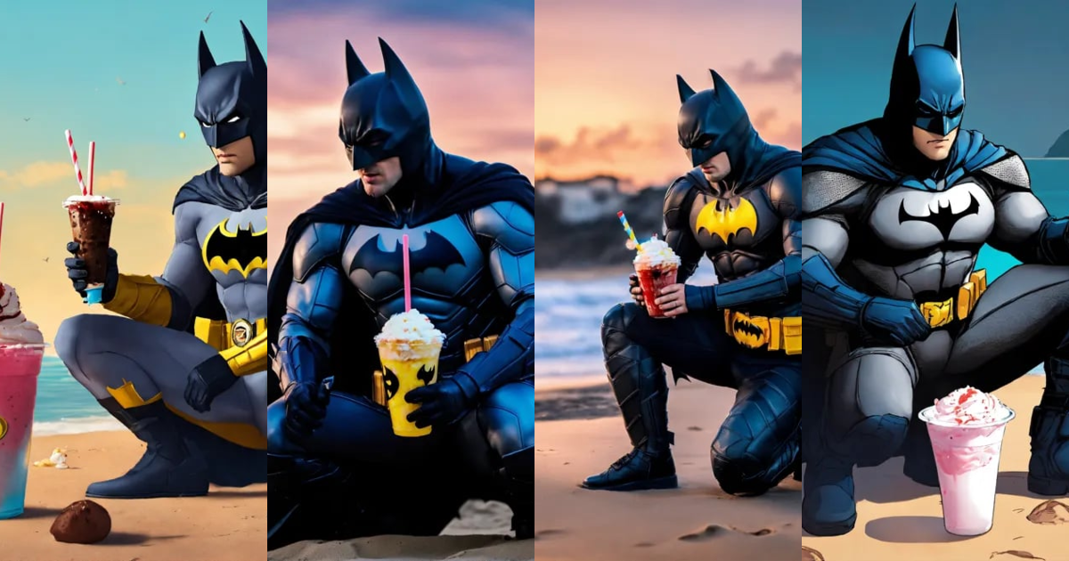 Lexica - Herói batman, sentado na praia, comendo sorvete e milkshake 8k