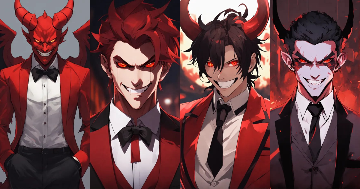 Lexica - 2D Cartoon Male Demon, red eyes, wide grin, red suit with ...
