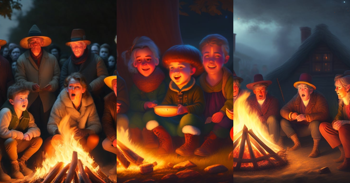 Lexica - A group of villagers sharing spooky tales around a bonfire at ...