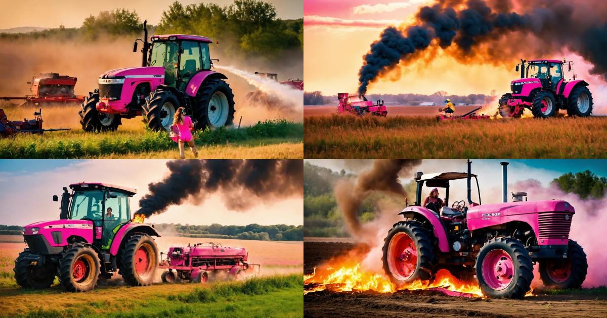 Lexica - Tractor broken in a field, making a lot of smoke and fire ...
