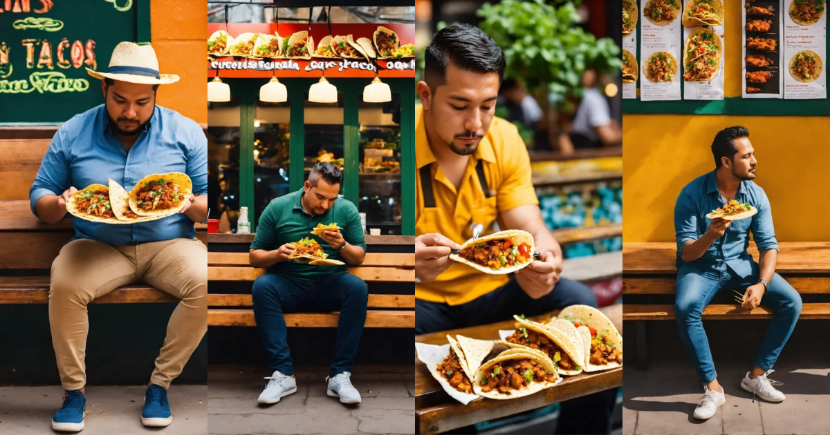 Lexica - A food critic is sitting on a bench eating tacos al pastor in ...