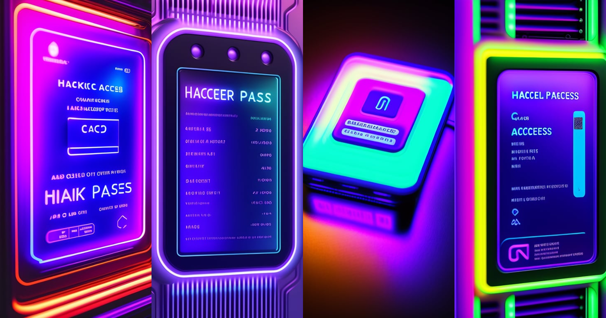 Lexica - One access card that says "Hacker Pass' made of neon purple ...