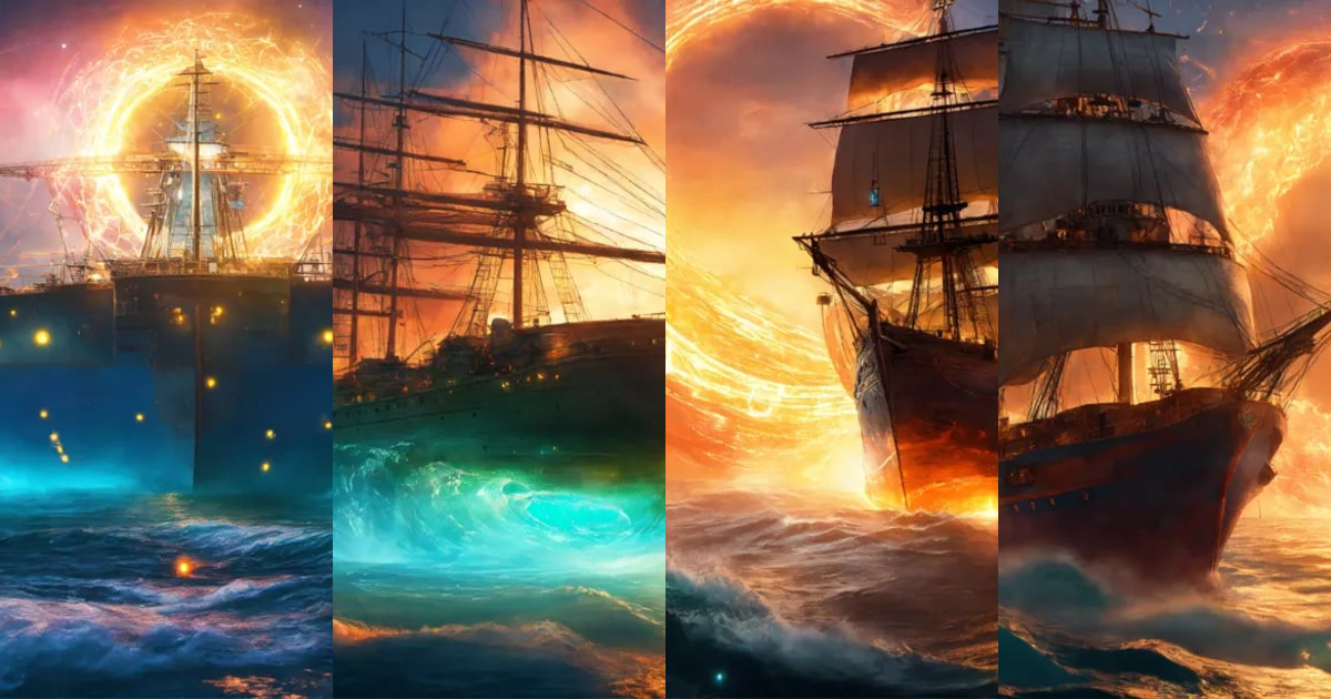 Lexica - Ship in brave sea disappearing into an interdimensional energy ...