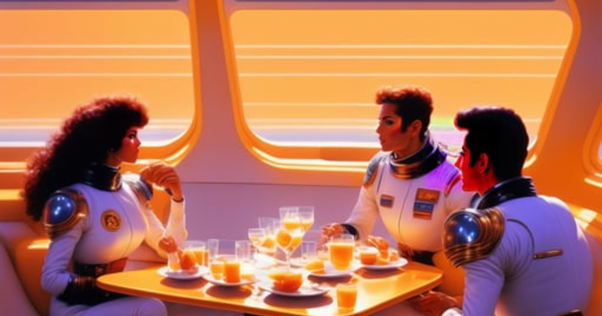 Lexica - "Starship crew having breakfast in space" by Syd Mead, cold ...