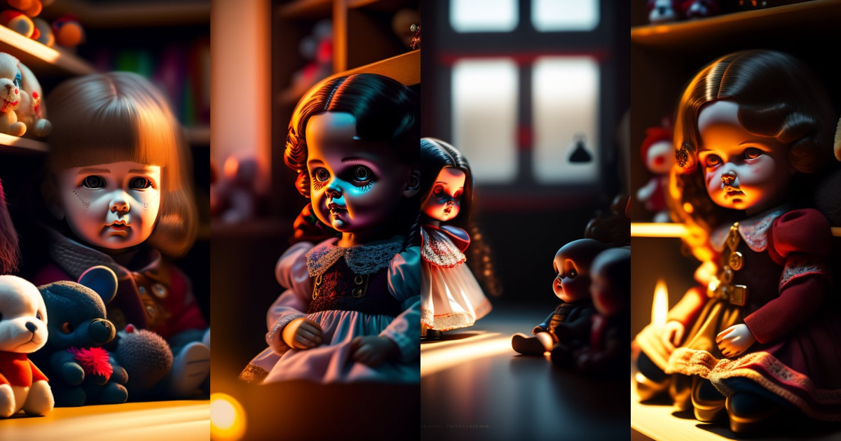 Lexica - A wide angle environmental shot of a possessed doll with an ...