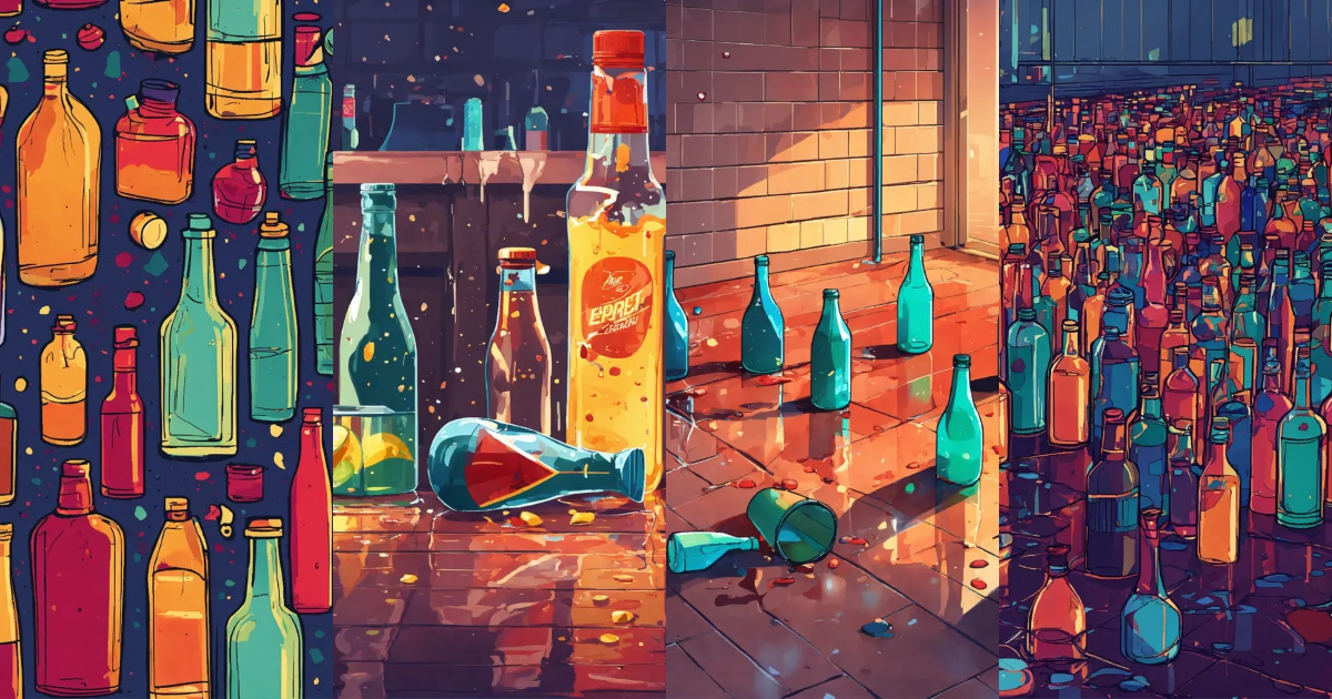 Lexica - Empty bottles, spilled liquid, wet floor, after-party, vector art trending on artstation