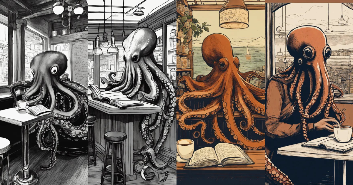 Lexica - An ink drawing of an octopus in an oceanic espresso bar ...