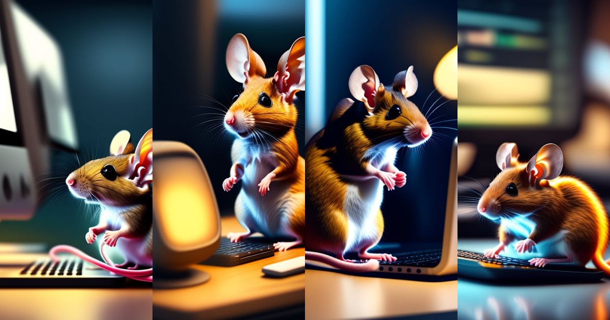 Lexica - A mice working in a computer, looks tired, sad, dark, 2d animation