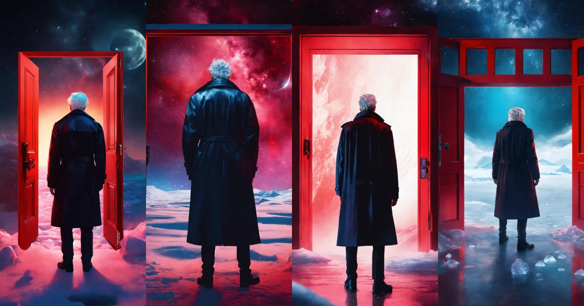 Lexica - Closed red door in center of ice space, dorway to the another ...