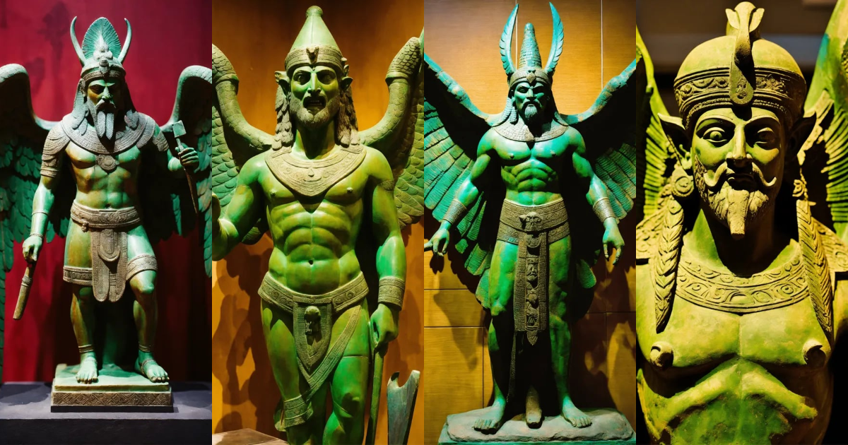 Lexica - Greenish statue of an Assyrian demon. Evil expression and evil ...