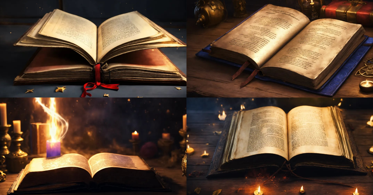 Lexica - Empty, open spell book, dark magic, sharp, realistic