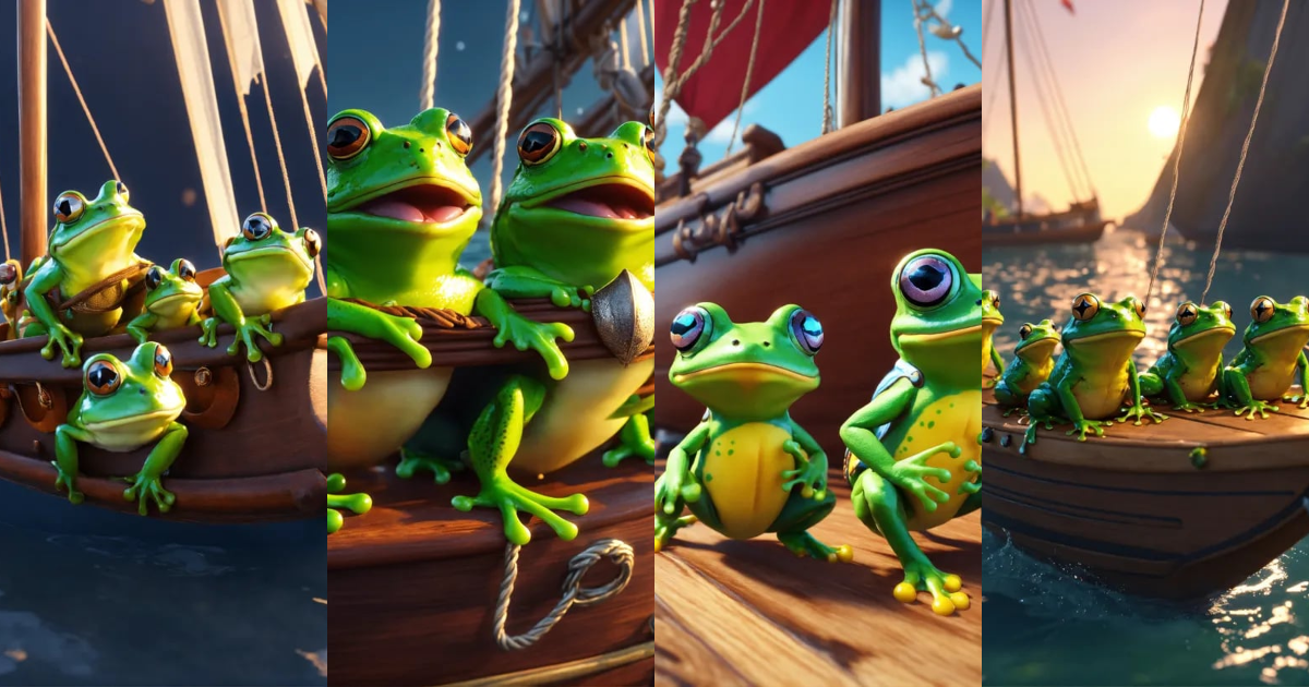 Lexica - A cute frighted crew of frogs running around on a a sailing ...