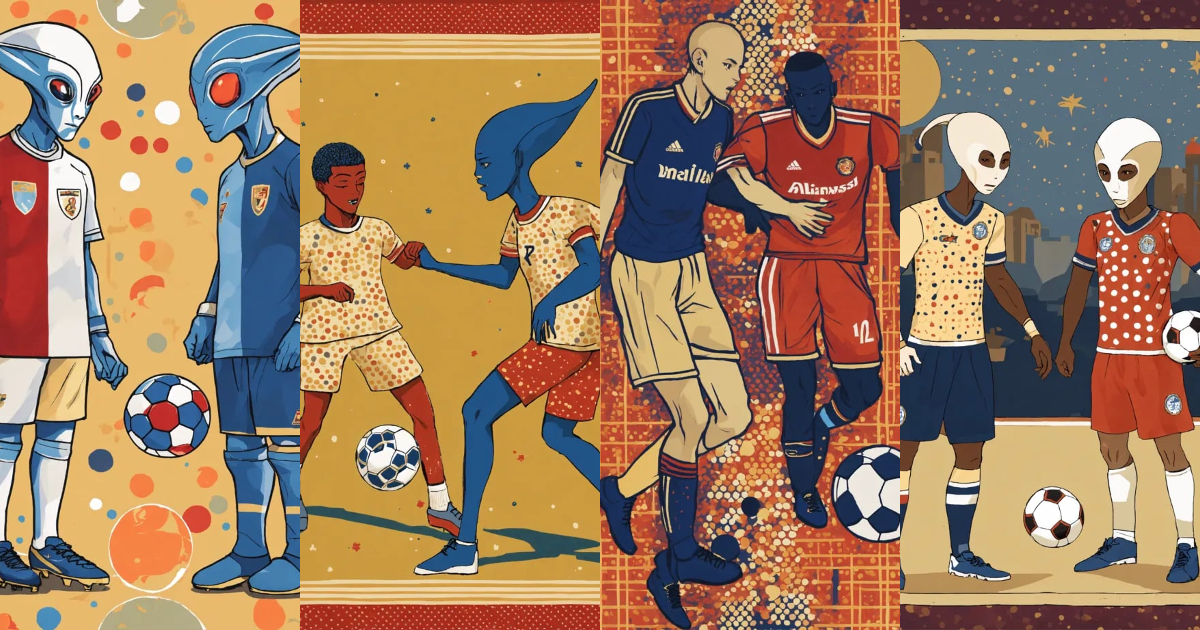 Lexica - Two alien soccer players are playing a game of soccer, in the ...