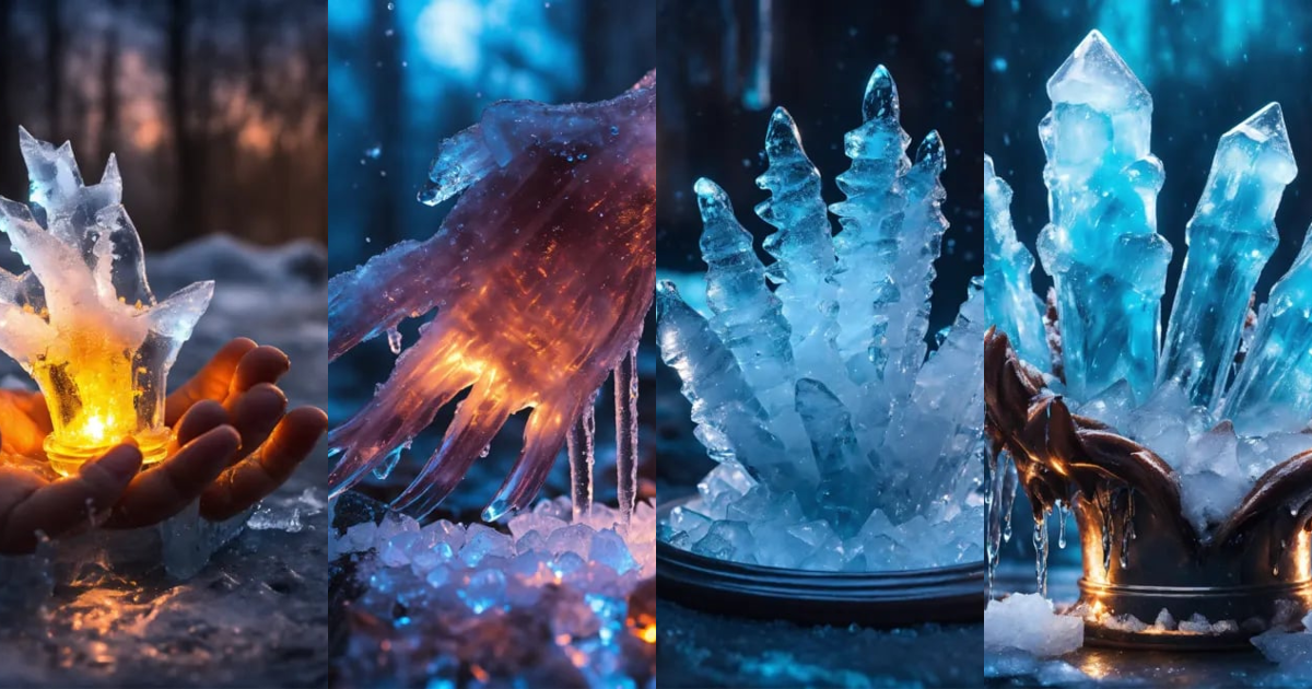 Lexica - A magical glowing ice hand with ice claws. Dripping cold.