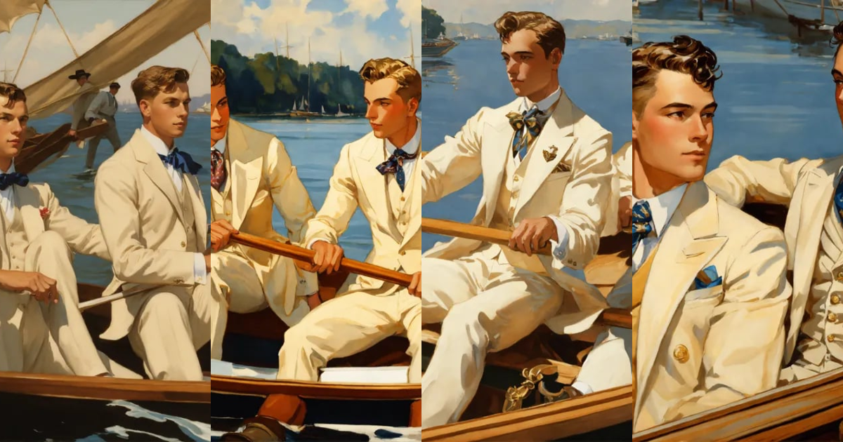 Lexica - Two gentlemen in cream vested suit, club tie, rowing on a ...