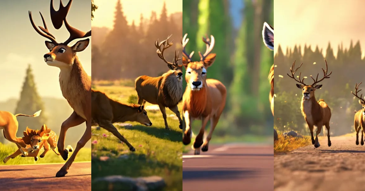 Lexica - 3d animation style cartoon deer running ahead behind it lion ...