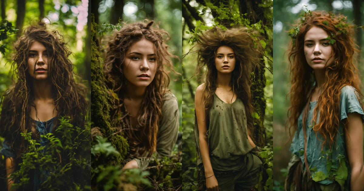 Lexica - Wild hair forest girl, raised by nature, isolation, dirty, dirty clothes