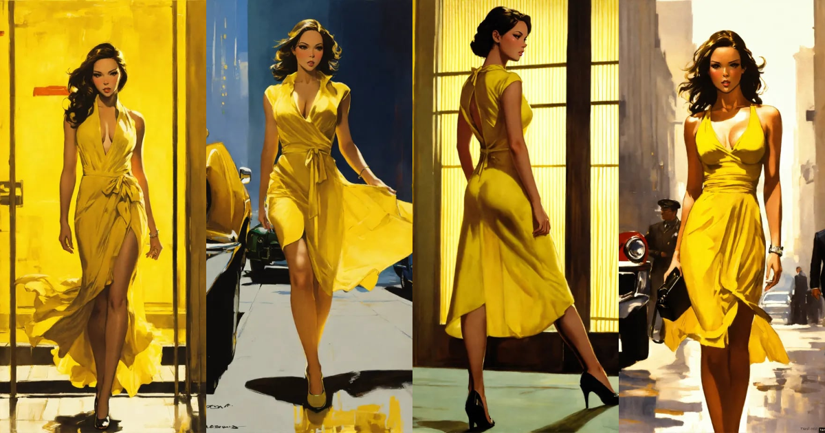 Lexica - full body Rebecca Ferguson in mission impossible yellow dress