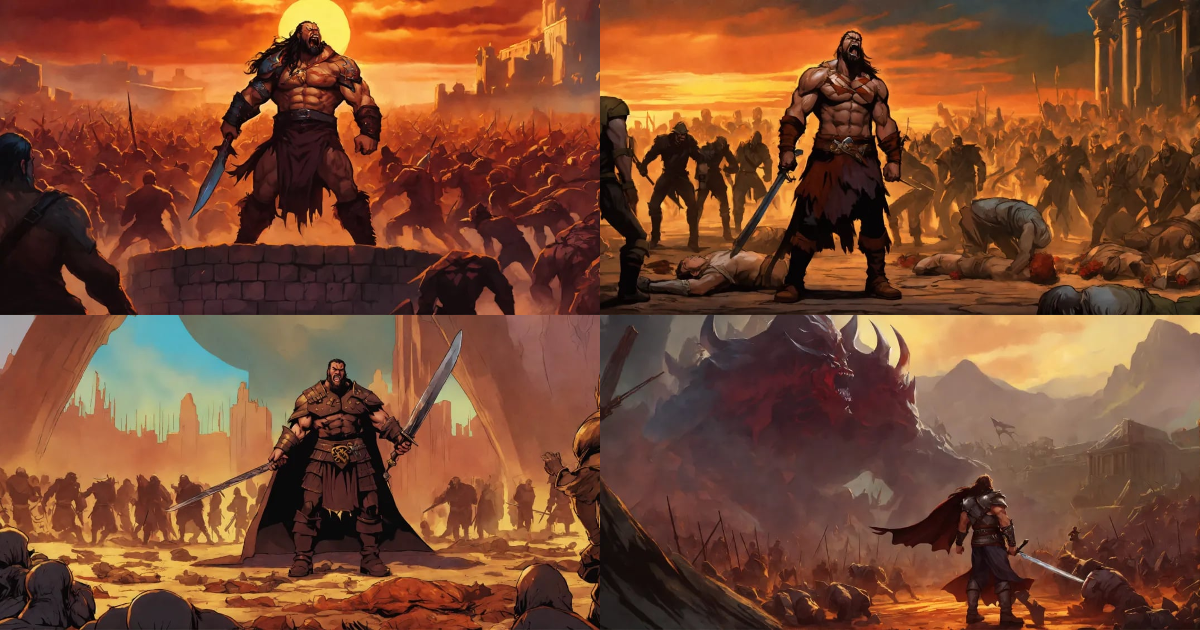 Lexica - Brute, enraged, standing over dead bodies, fantasy arena ...