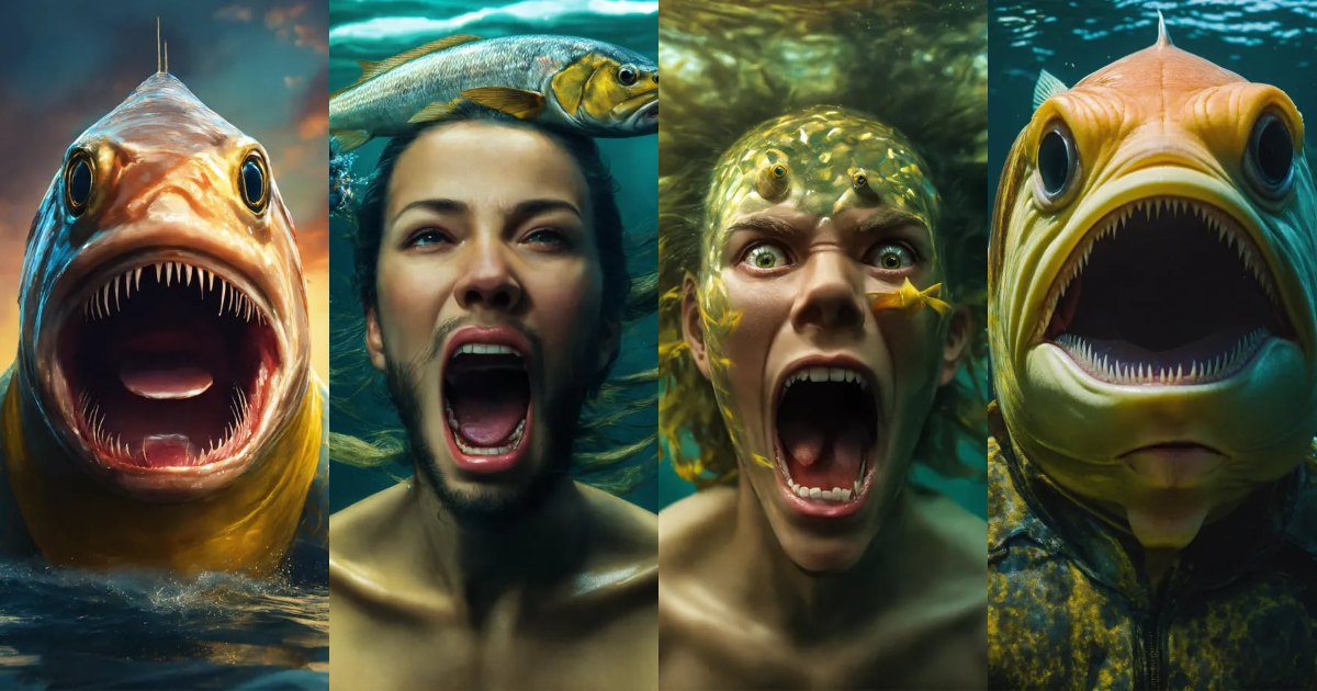 Lexica - A human fish hybrid with a human face screaming