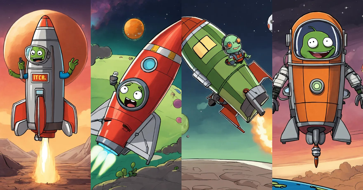 Lexica - A cartoon of a kerbal riding on the outside of his rocket