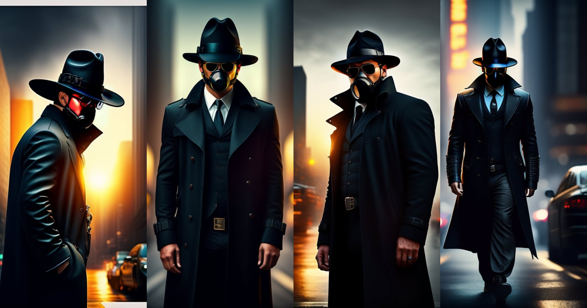 Lexica - Detective, fedora hat, black trenchcoat, gasmask, sunglasses ...