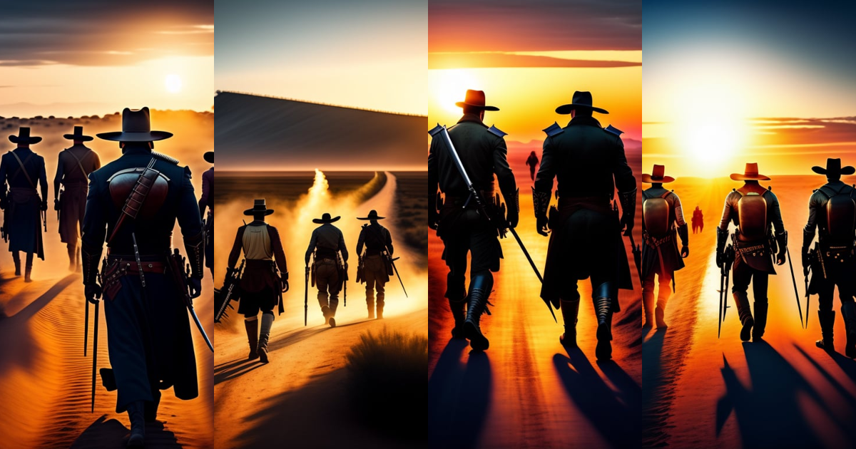 Lexica - Gang of outlaws walking into the sunset with their weapons drawn